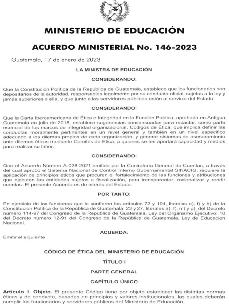 Acuerdo Ministerial No. 146-2023 CODIGO DE ETICA DEL MINEDUC | PDF