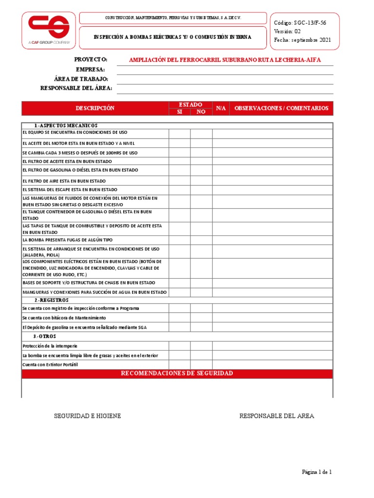 5.-Formato de Inspección A Bombas Electricas y Combustion Interna | PDF ...