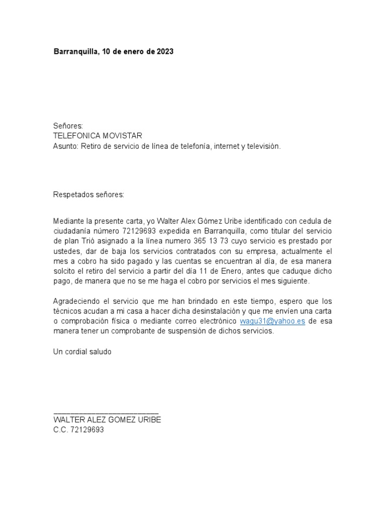 Carta de Retiro de Servicio Movistar | PDF