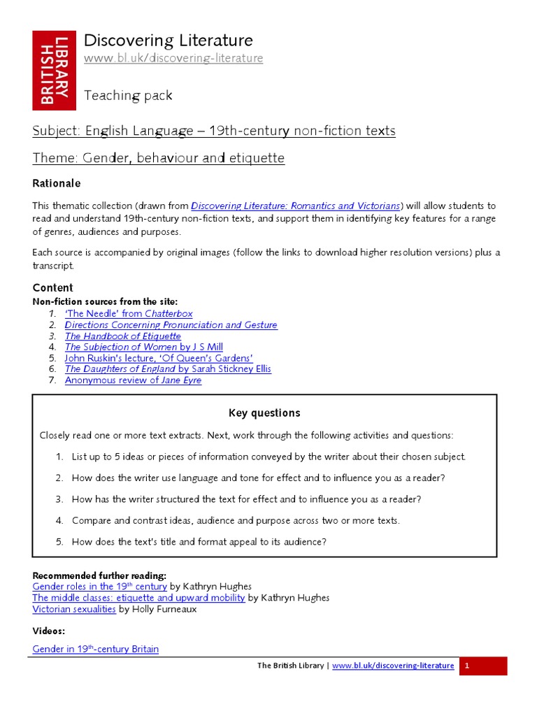 NF 19C Gender Behaviour and Etiquette Teachers Pack | PDF | Jane Eyre | John Stuart Mill