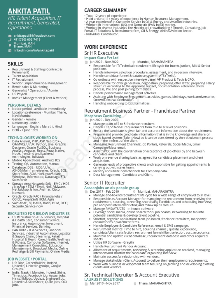 Ankita CV - HR - TA - IT Recruitment - PGDM | PDF | Recruitment ...