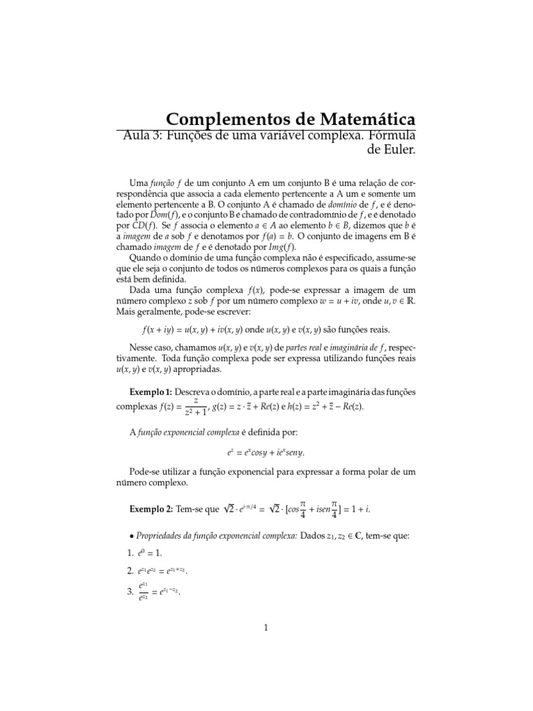 Aula 3 - CM | PDF | Número complexo | Função (Matemática)