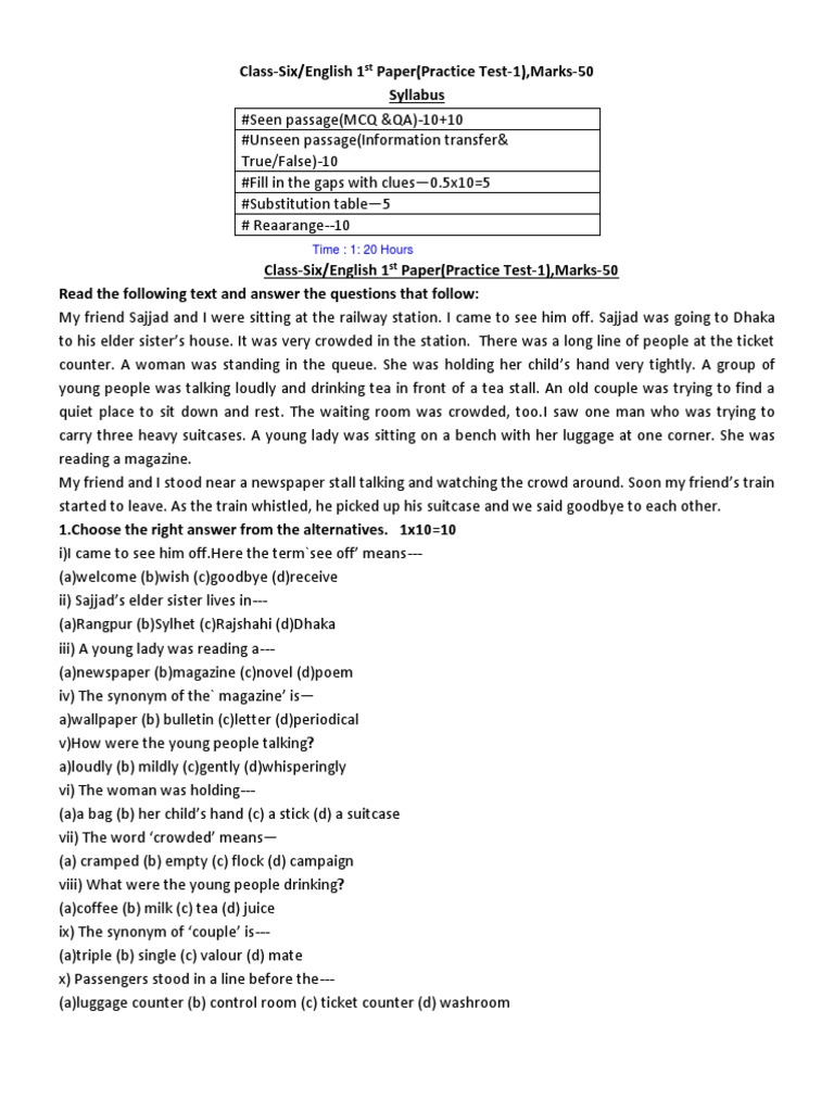Class 6 English 1st Paper Model Questions | PDF | Rabindranath Tagore