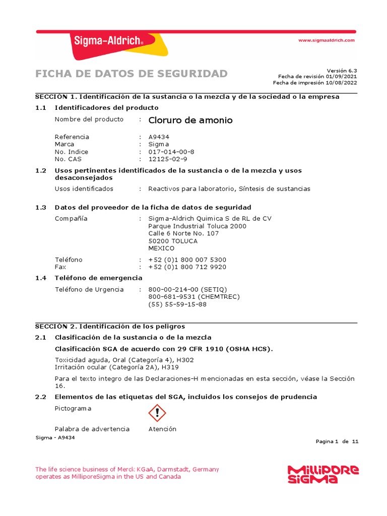 Hoja de Datos de Seguridad H4ClN | PDF | Agua | Sal (química)