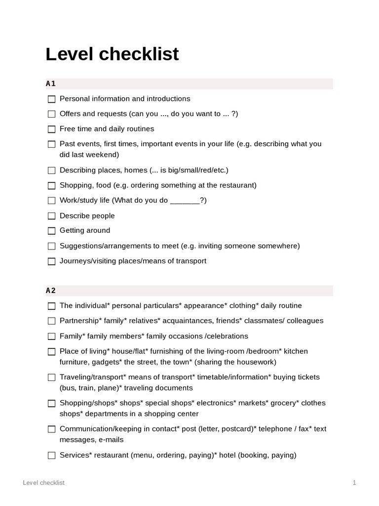 Level Checklist | PDF | Verb | Adjective