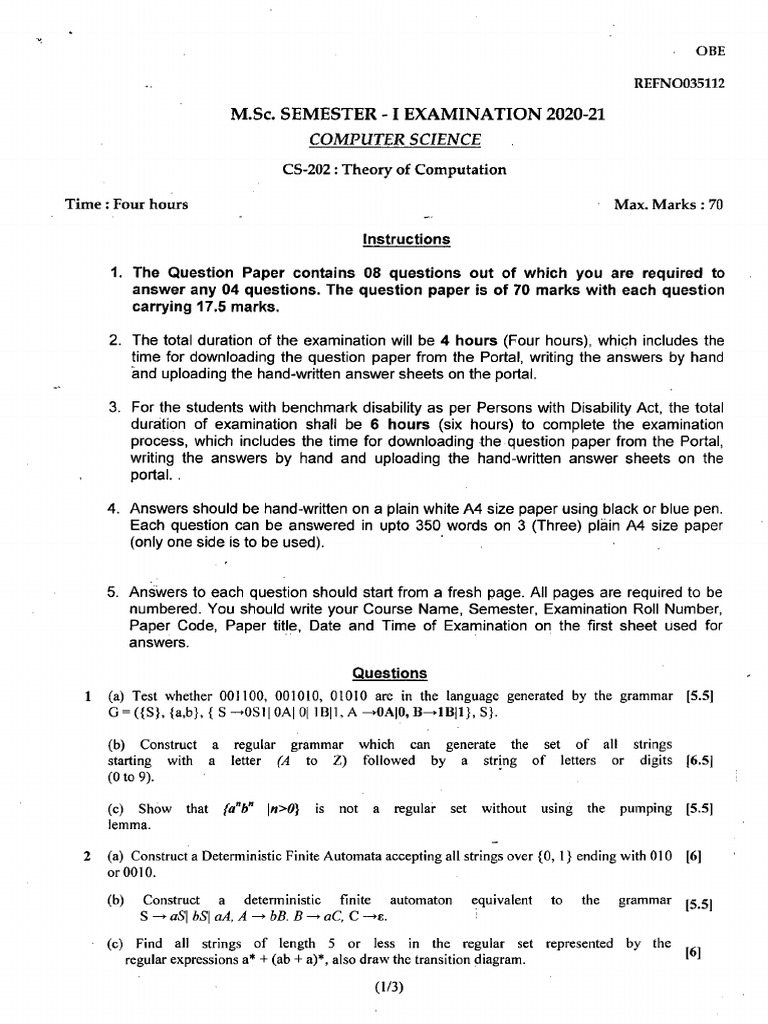 TOC Question Paper SChatterjee 2020-21 | PDF