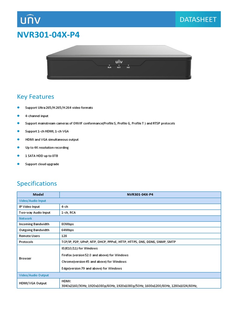 Unv NVR301-04X-P4 V1.07-En | PDF | Hdmi | Hard Disk Drive