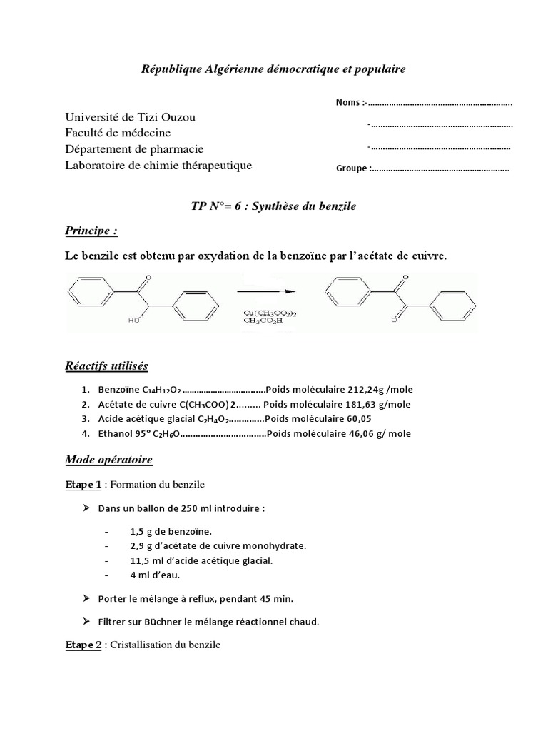 Synthèse du Benzile par Oxydation | PDF