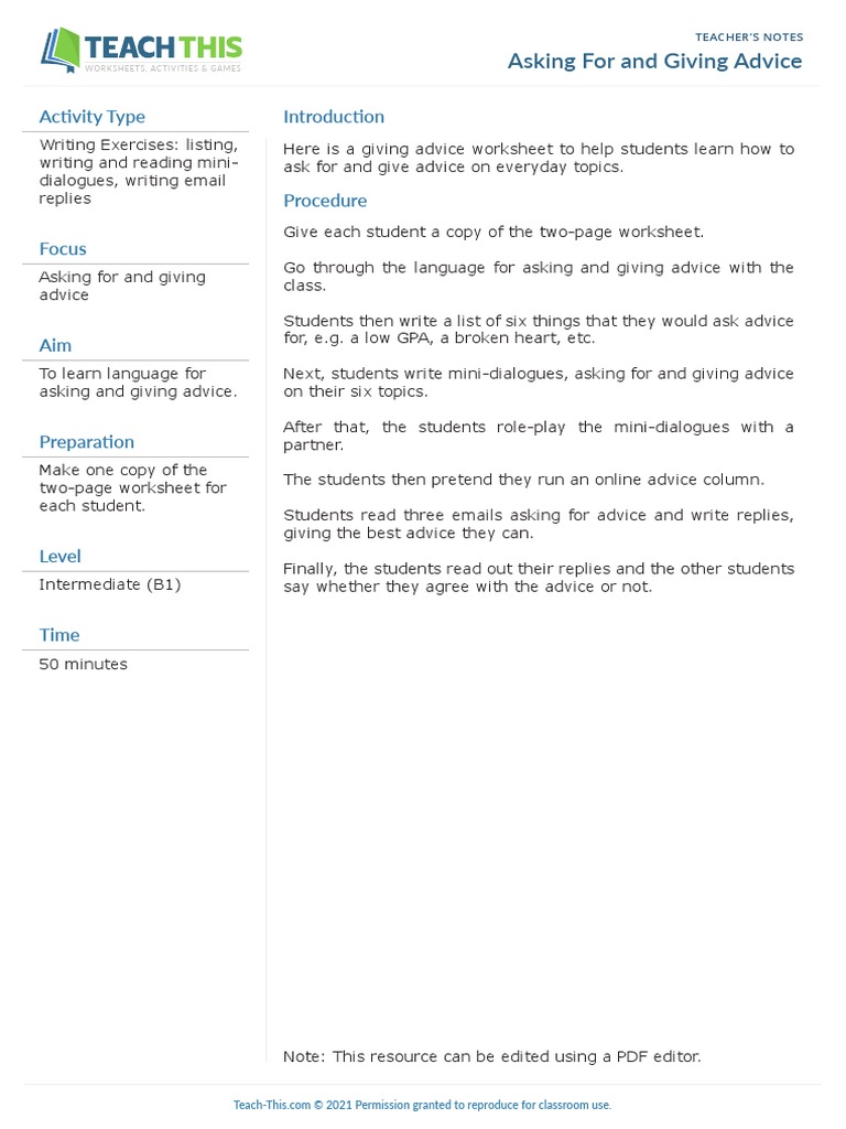 Asking For and Giving Advice | PDF