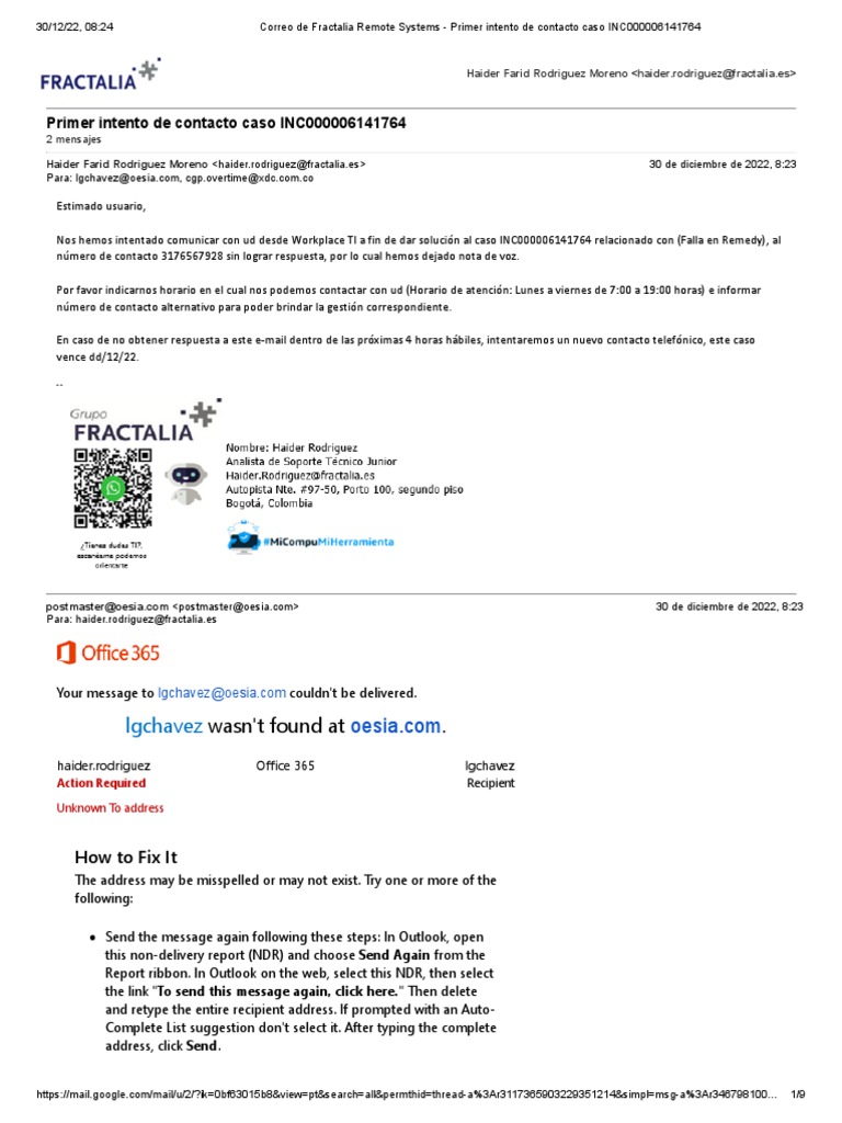 Primer Intento de Contacto Caso INC000006141764 | PDF | Email Address ...