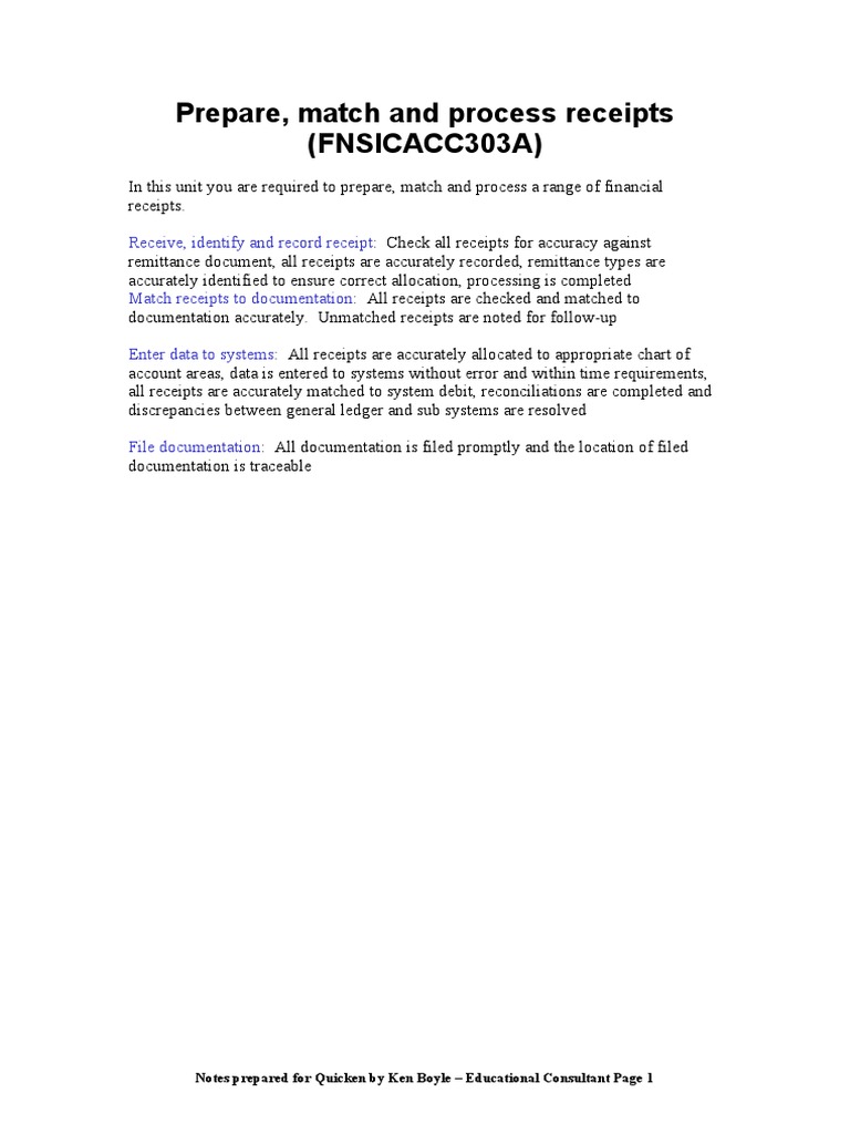 Exercises Prepare, Match Process Receipts-FNSICACC303A | PDF | Debits And Credits | Private Sector