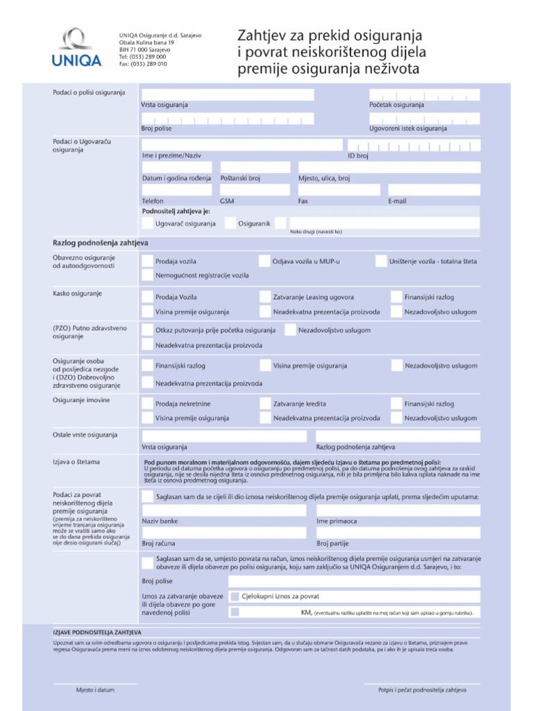 Zahtjev Za Prekid Polise I Povrat Premije | PDF