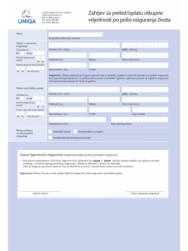 Zahtjev Za Isplatu Otkupne Vrijednosti | PDF