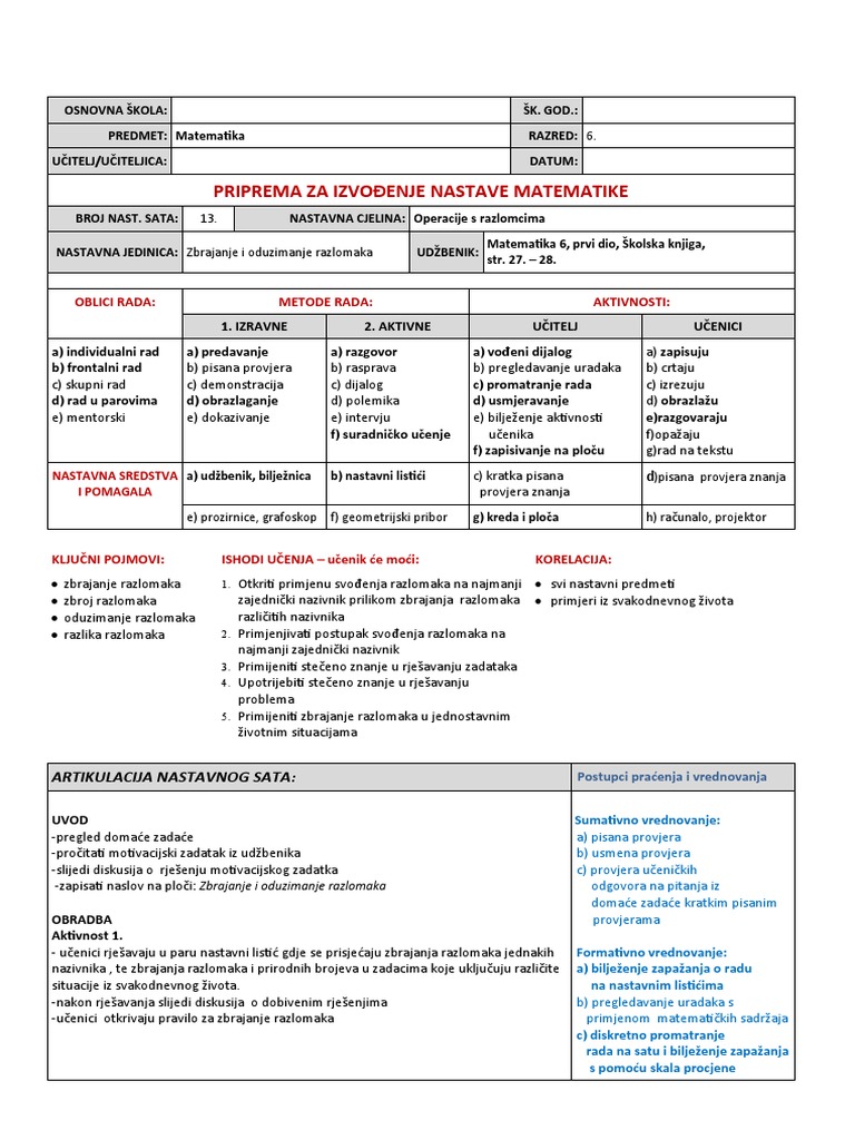 SK - 1. Operacije S Razlomcima 13. Zbrajanje I Oduzimanje Razlomaka | PDF