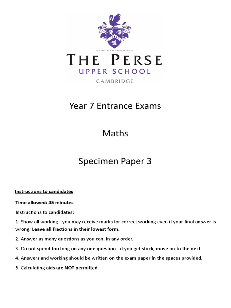 The Perse School 11 Plus Maths Specimen Paper 3 | PDF | Rectangle
