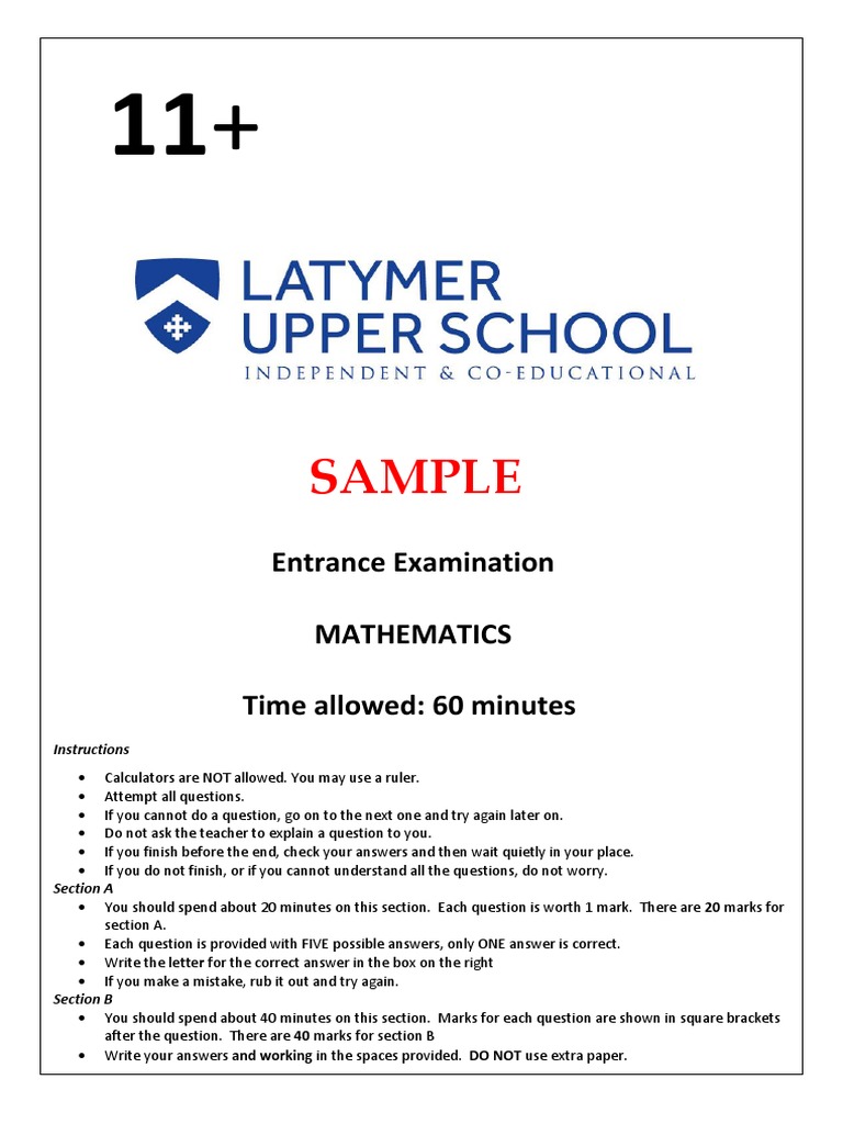Latymer Upper School 11 Plus Maths Sample Paper 1 2020 | PDF ...