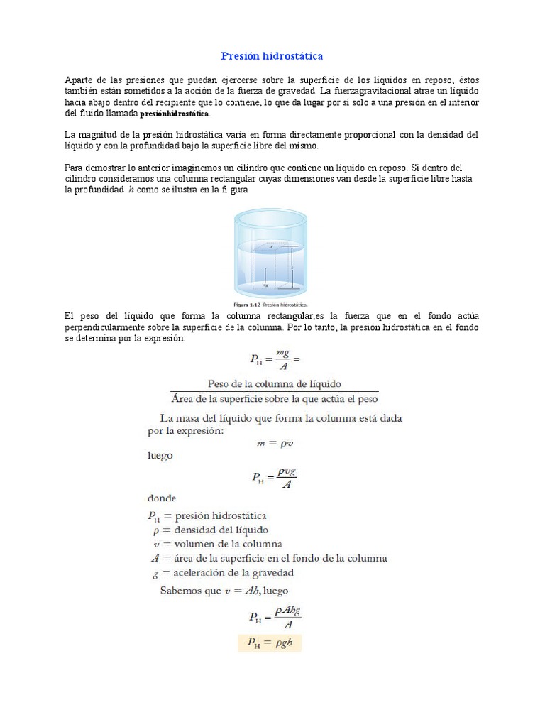 Presión Hidrostática en Líquidos en Reposo | PDF