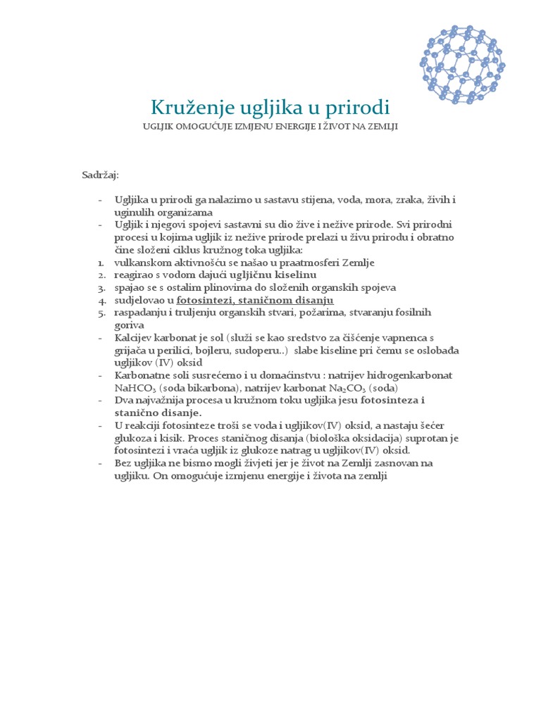 Kruženje Ugljika u Prirodi Sazetak | PDF