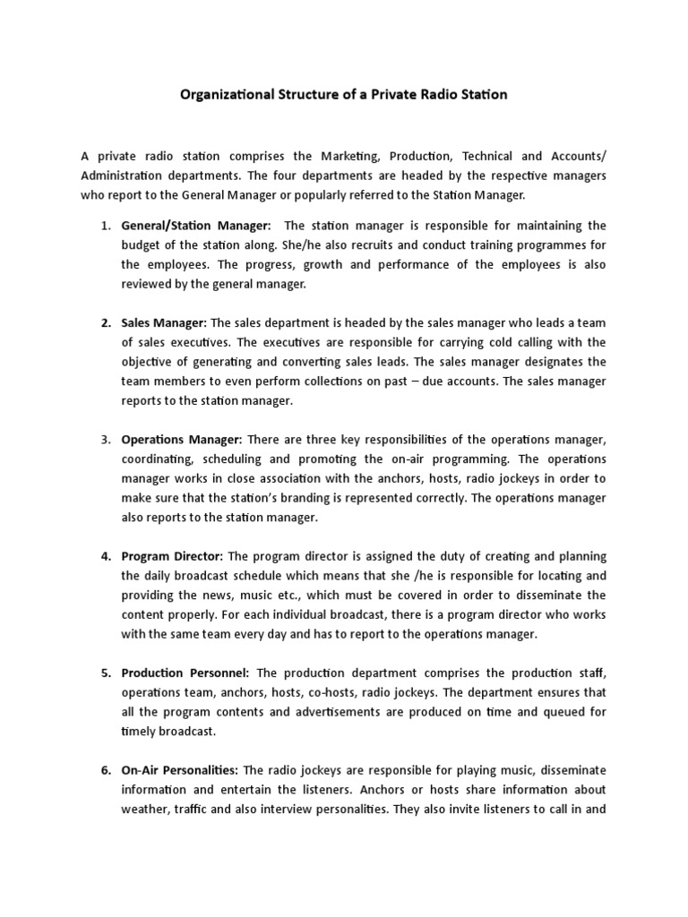 Organizational Structure of A Private Radio Station 1 | PDF ...