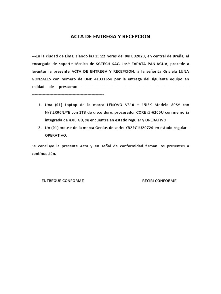 Acta de Entrega y Recepcion | PDF