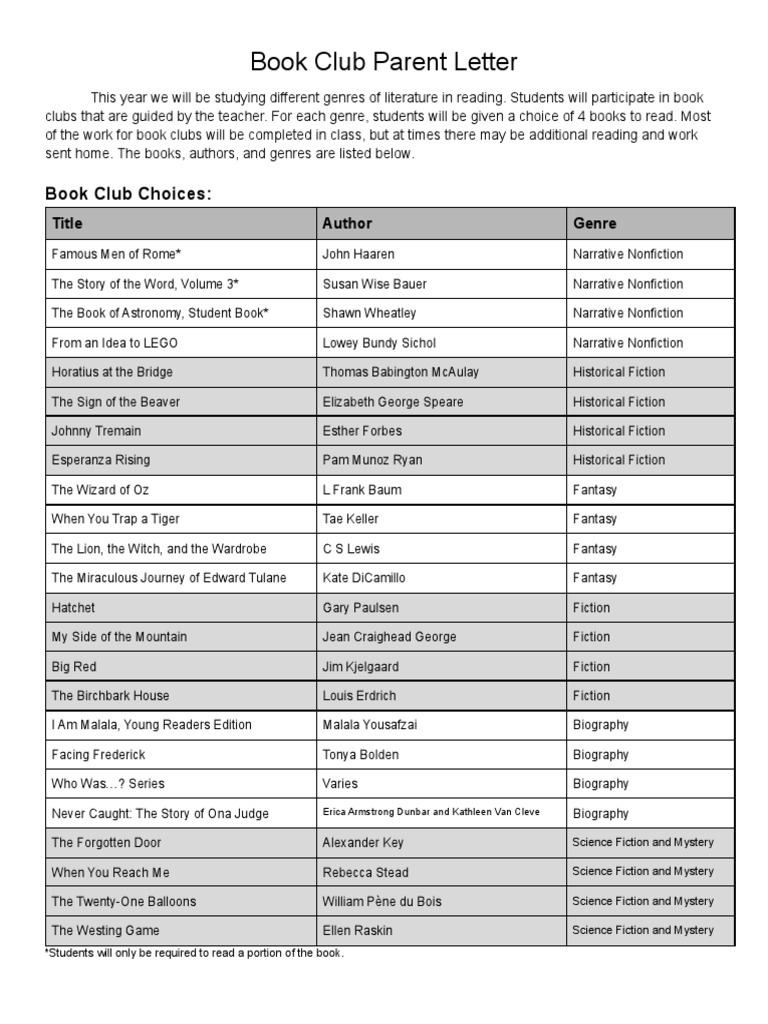 Book Club Parent Letter | PDF