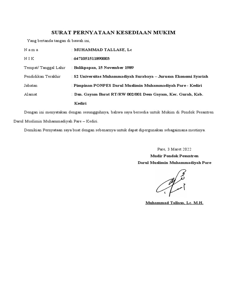 Surat Pernyataan Bersedia Mukim - Ust Ahmad | PDF
