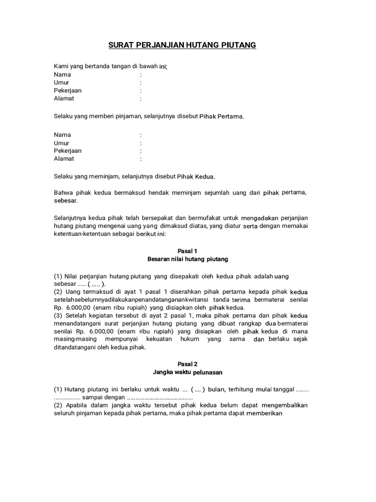 Contoh Surat Perjanjian Hutang Piutang | PDF