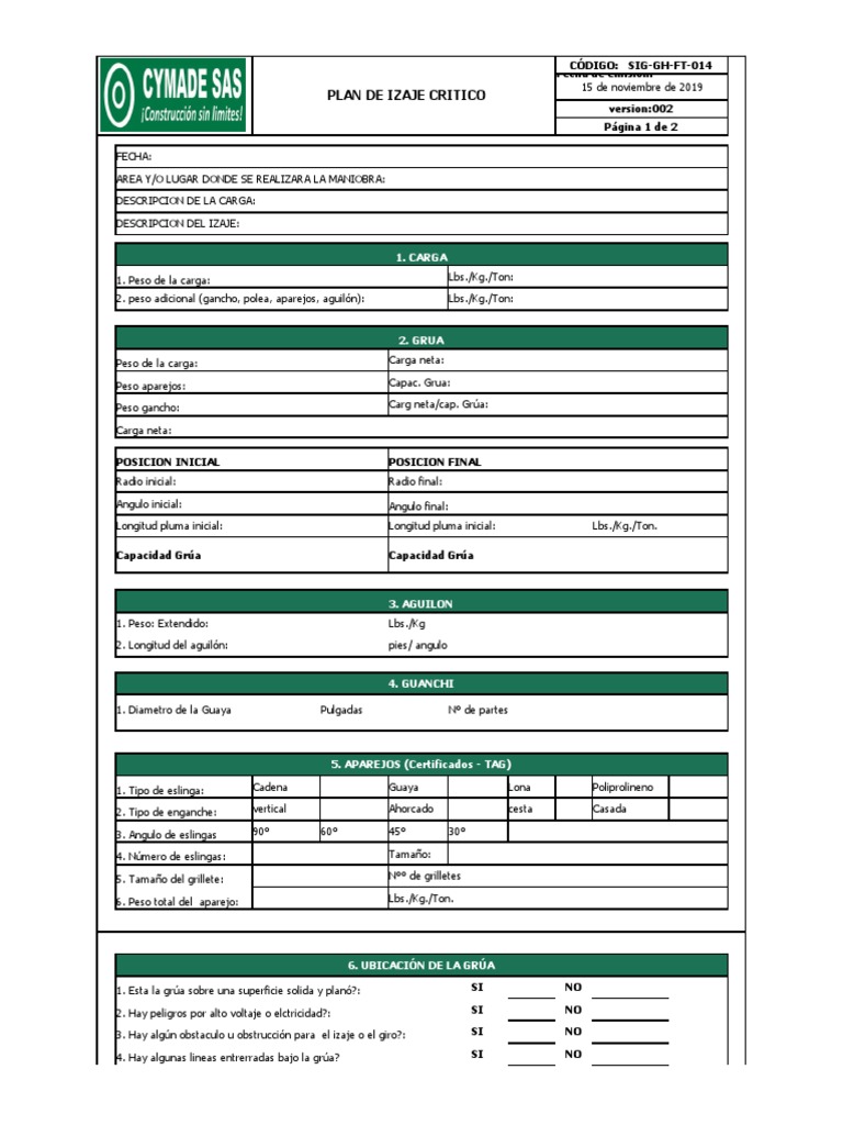SIG GH FT 014 Plan Izaje Crítico | PDF