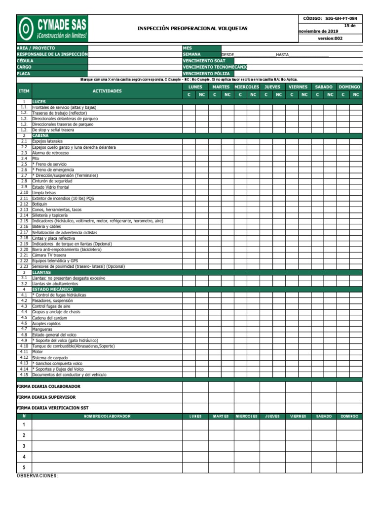 SIG GH FT 084 Preoperacional Volquetas | PDF | Ingeniería de Transporte | Industria automotriz