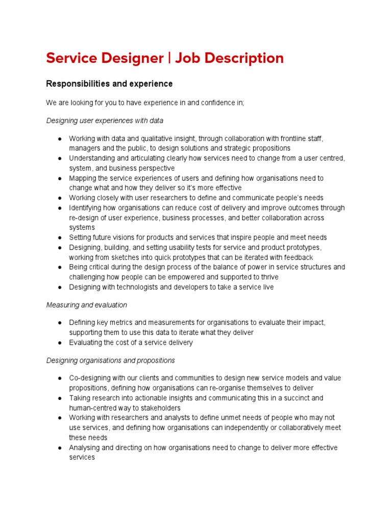 Service Designer Job Description Overview | PDF | Usability | Business