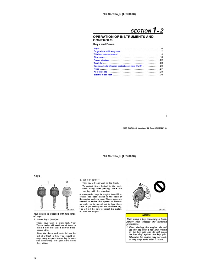 2007 Toyota Corolla 82 | PDF | Trunk (Car) | Remote Control