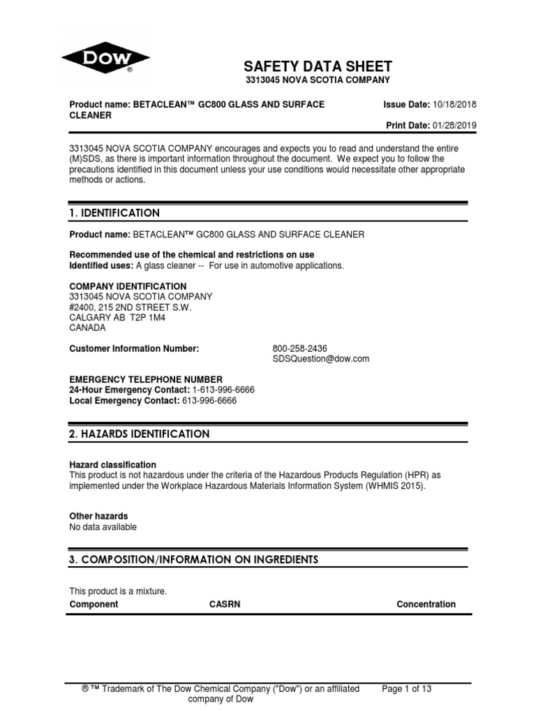 Betaclean™ GC800 Glass and Surface Cleaner - 0 | PDF | Toxicity ...