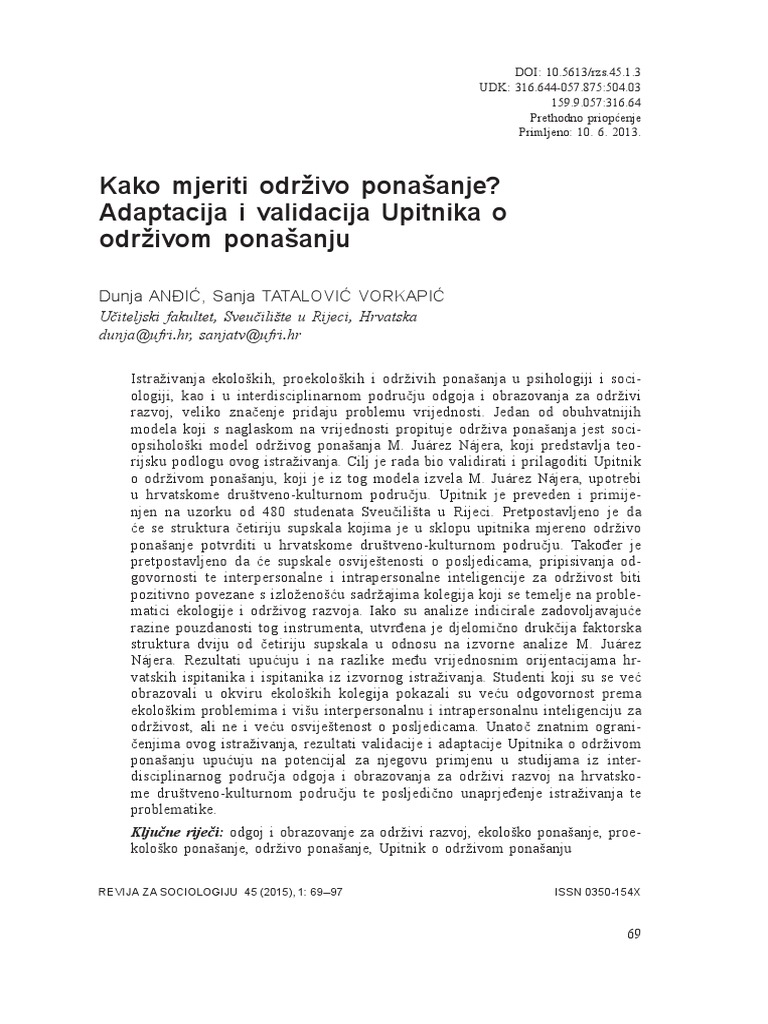 Kako Mjeriti Održivo Ponašanje? Adaptacija I Validacija Upitnika o Održivom Ponašanju | PDF