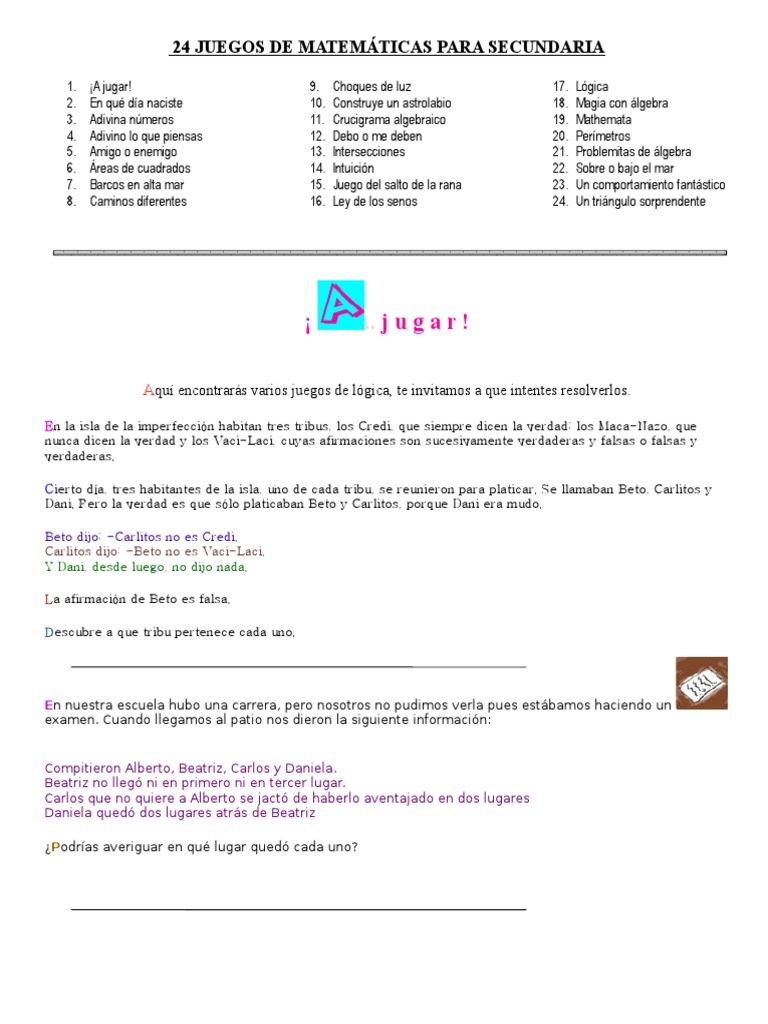 24 JUEGOS DE MATEMÁTICAS Secundaria corregido