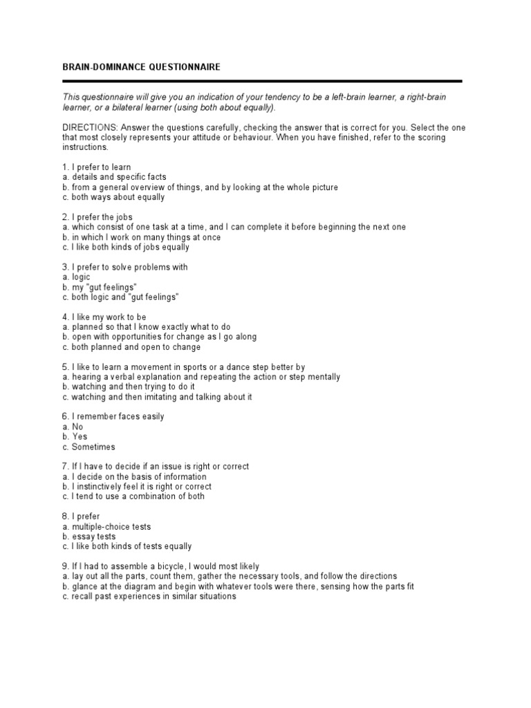 Brain Dominance Questionnaire | PDF | Extraversion And Introversion ...