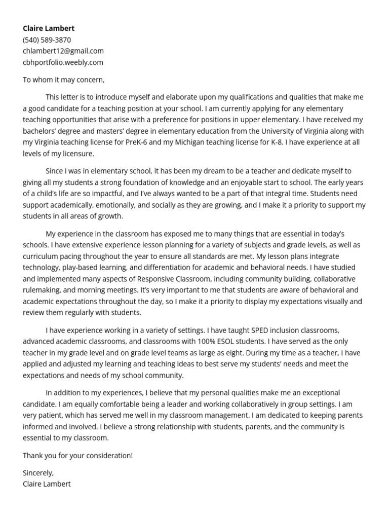 Cover Letter 2023 | PDF | Teachers | Classroom