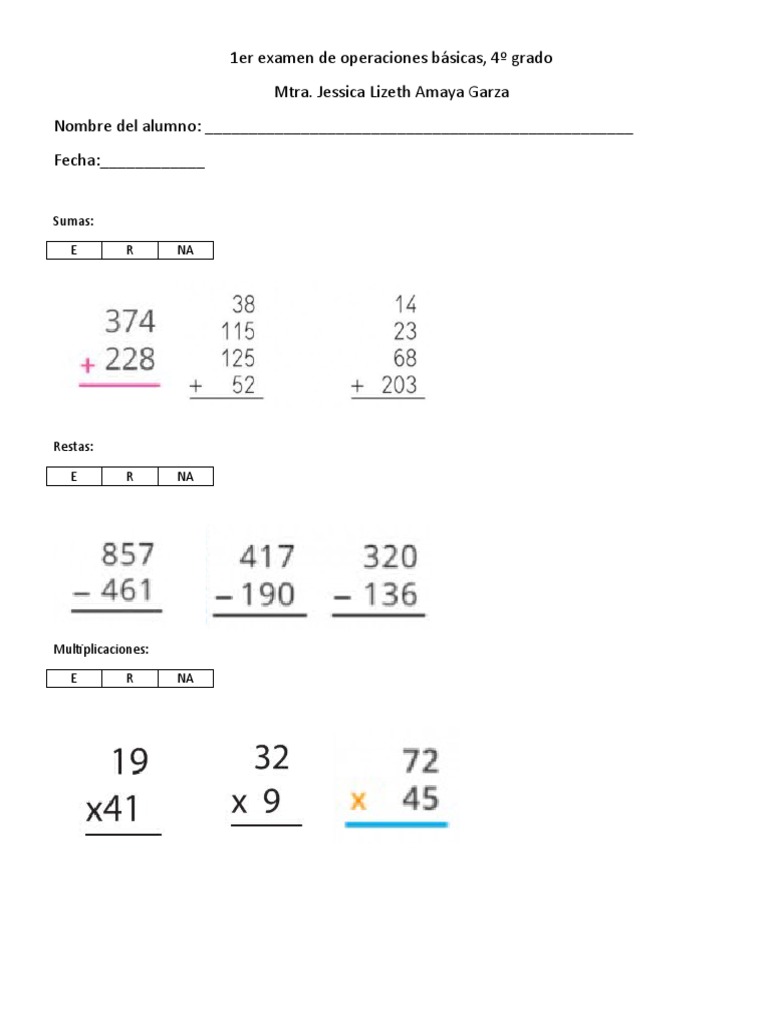 Examen de Operaciones Básicas 4º Grado | PDF