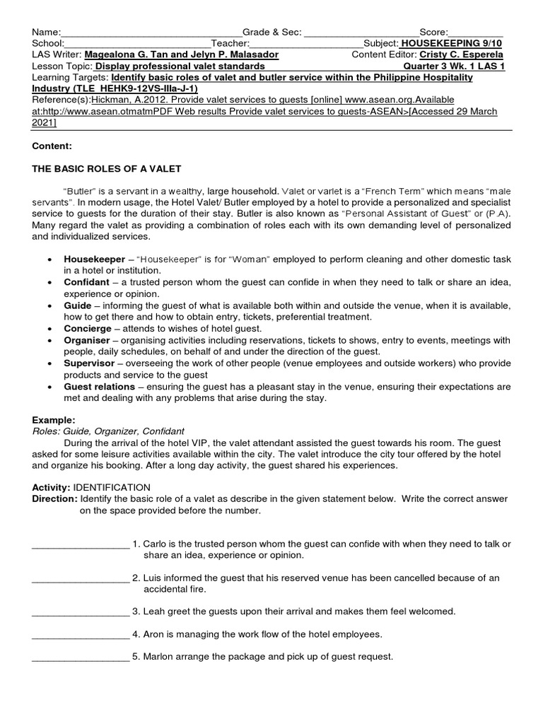 Tle 9-10 Housekeeping Q 3-Week 1 Las 1 | PDF | Domestic Worker