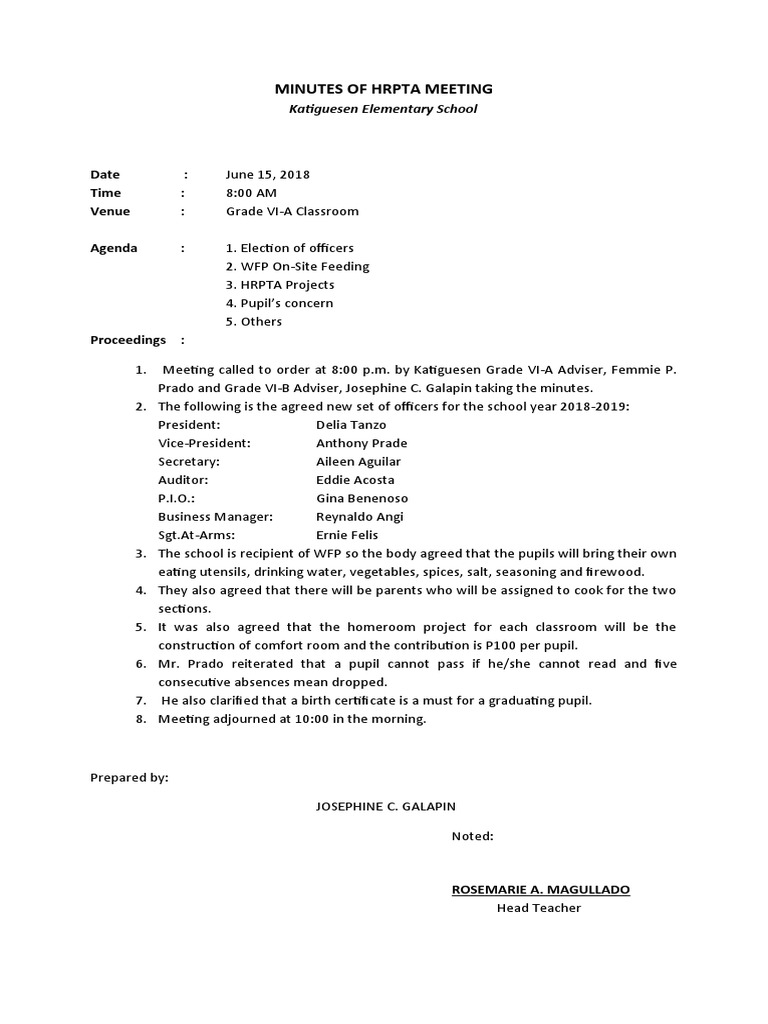 MINUTES OF Hrpta Meeting 20222-2023 | PDF