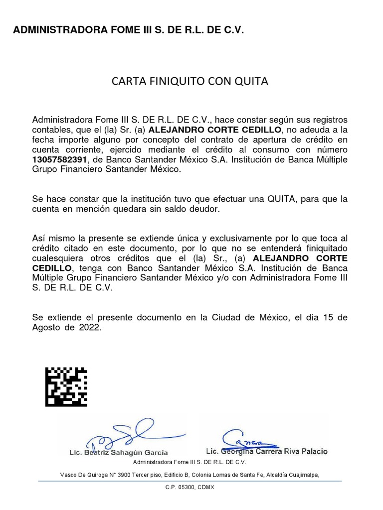 Carta Finiquito con Quita Santander | PDF