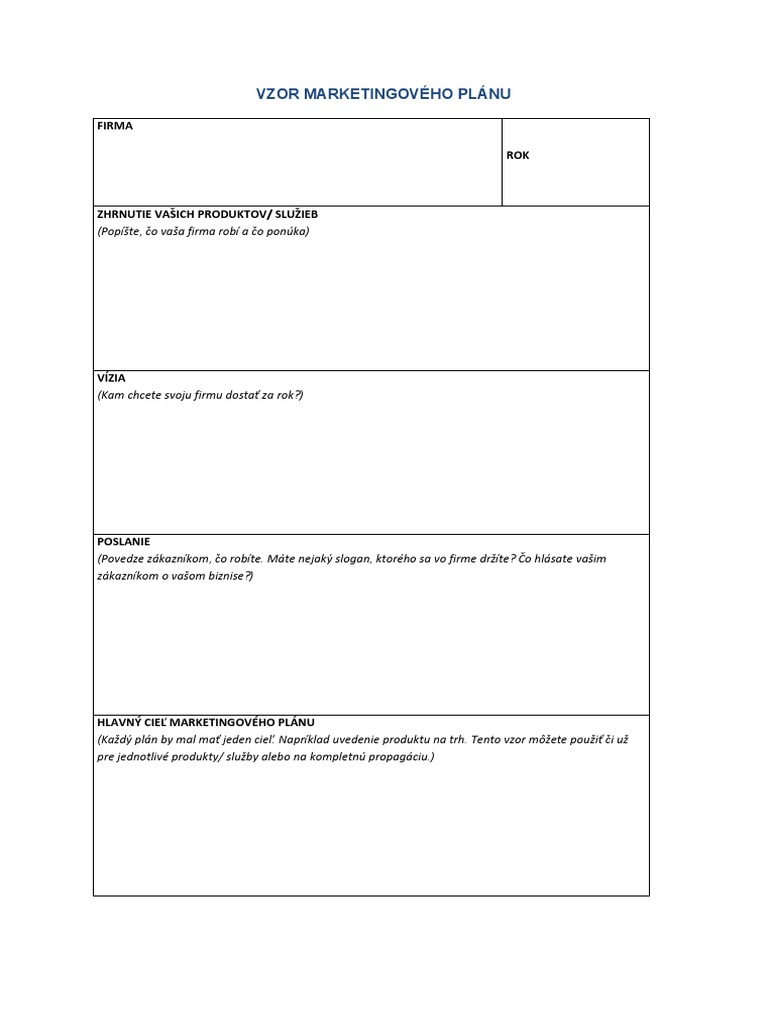 Marketingovy Plan - Vzor Pre Podnikatelov A Firmy | PDF