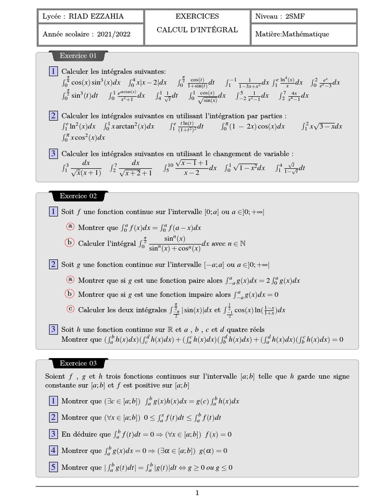 Exercices de Calcul d'Intégrales au Lycée | PDF | Intégral | Courbe