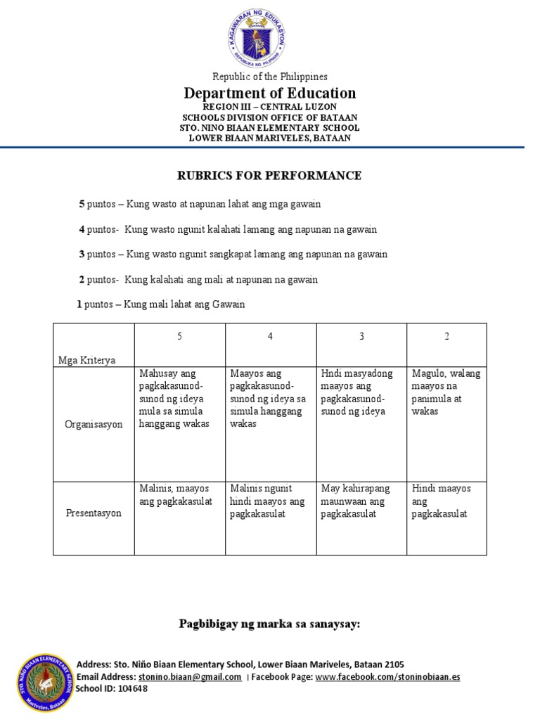 Rubrics For Performance Grade 3 | PDF