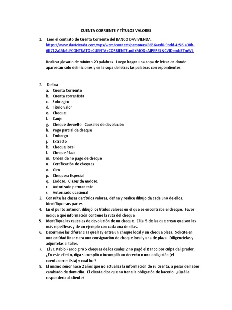 Cuenta Corriente y Titulos Valores | PDF | Cheque | Bancos