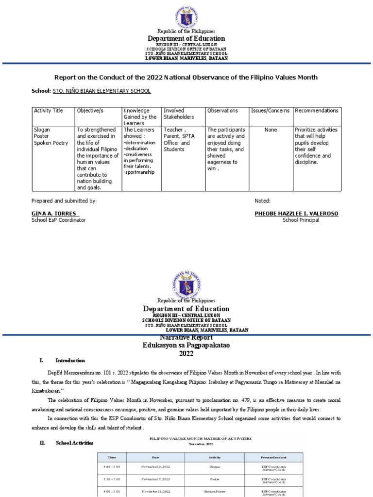 Report On Values Month Celebration Sto. Niño Biaan ES | PDF ...