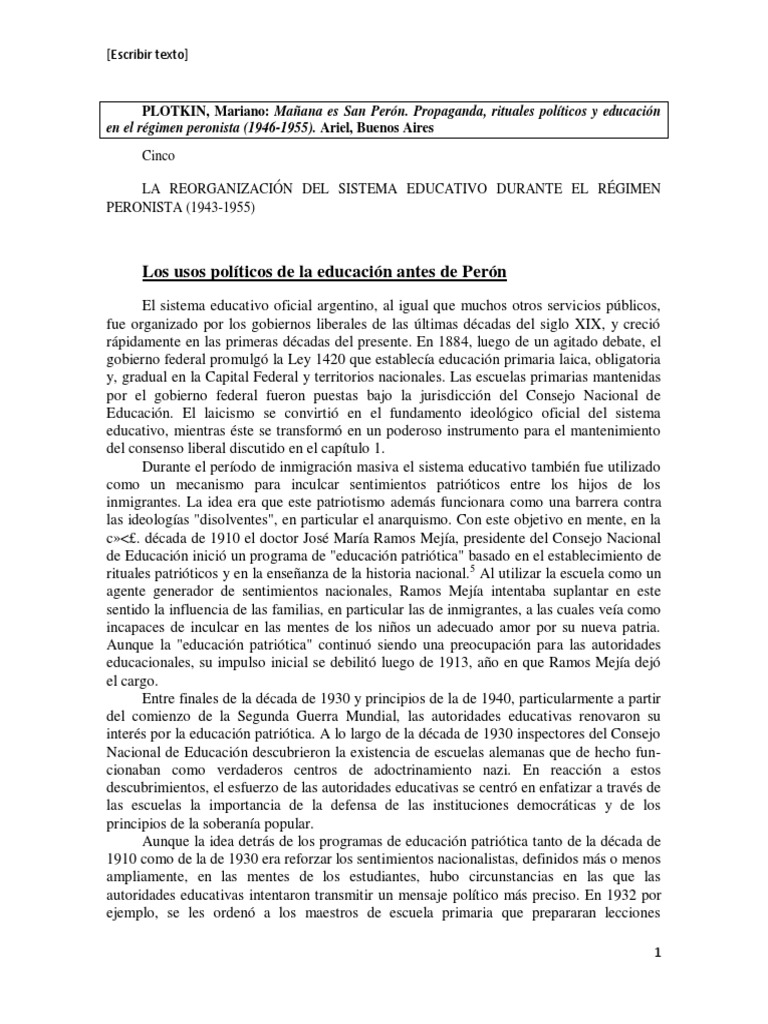 PLOTKIN. La Reorganizacion Del Sistema Educativo Durante El Peronismo. | PDF | Buenos Aires ...