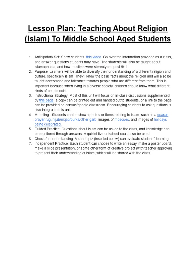 Lesson Plan: Teaching About Religion (Islam) To Middle School Aged ...