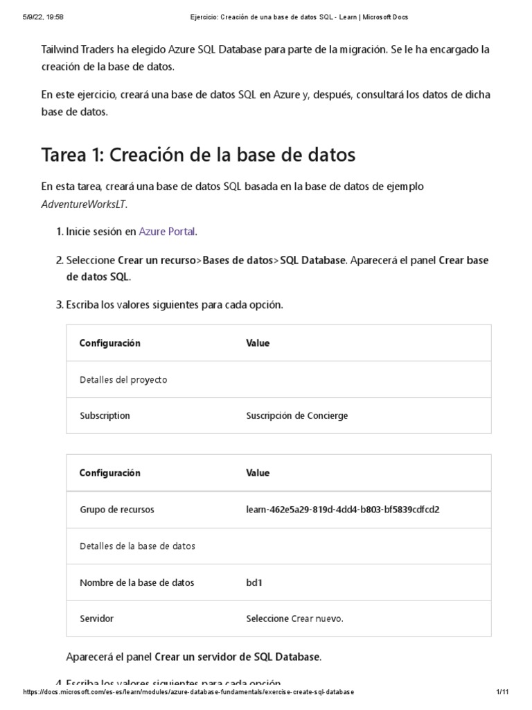 Ejercicio - Creación de Una Base de Datos SQL - Learn - Microsoft Docs | PDF | Bases de datos | SQL