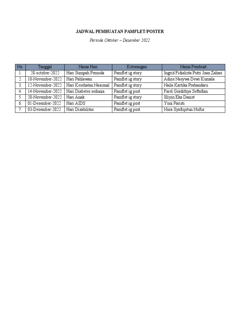 Jadwal Pamflet IG Oktober-Desember | PDF