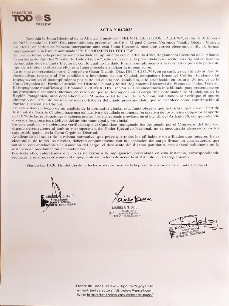 Acta #04 - Junta Electoral Frente de Todos Trelew | PDF | Gobierno